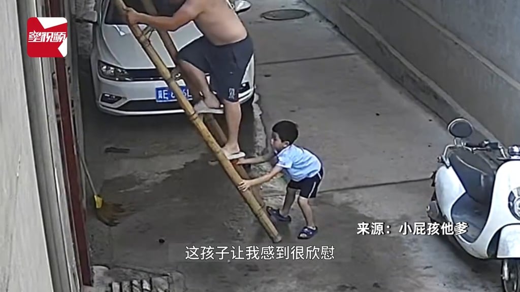 Chinese boy, 6, who gripped onto collapsing ladder to save teetering ...